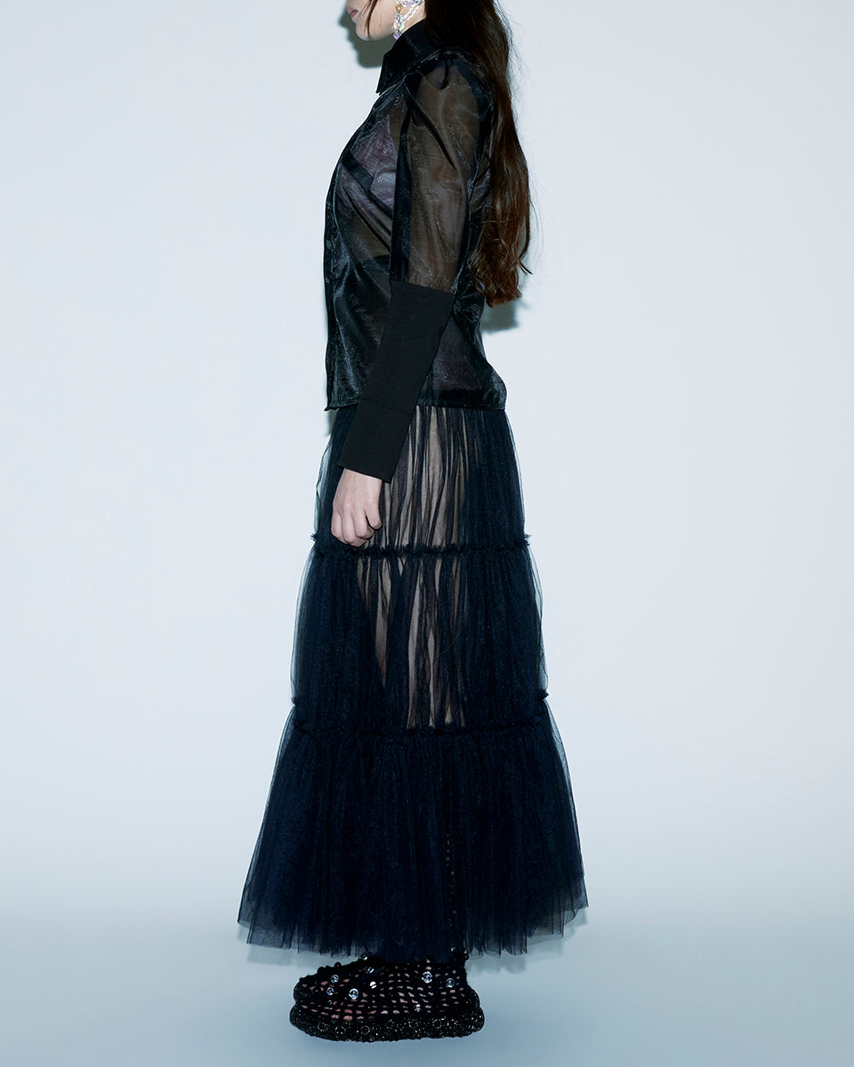 SUSAN FANG BLACK RUFFLE SHEER SKIRT